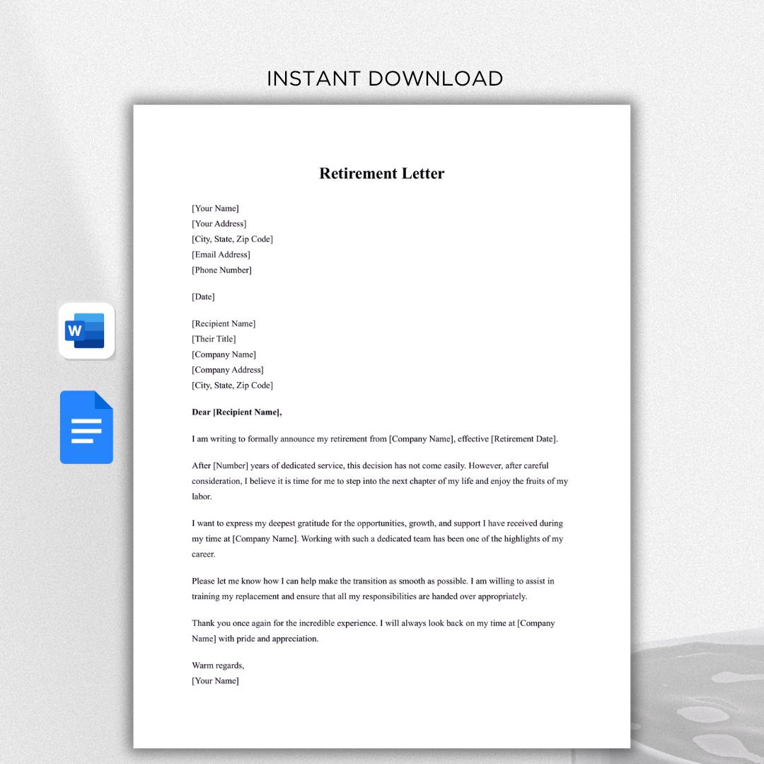Professional Retirement Letter Template. Google Docs/microsoft Word ...