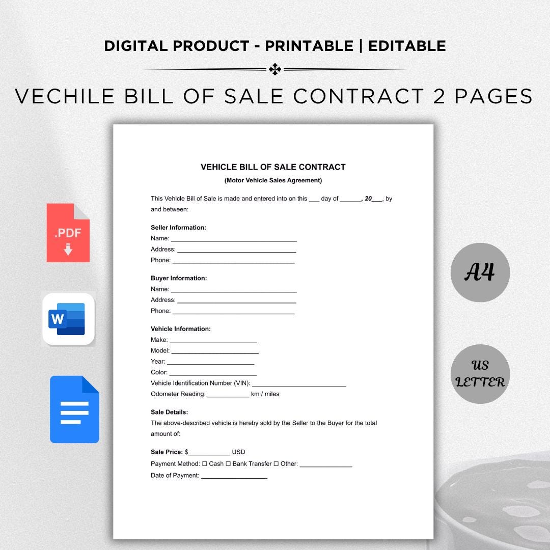 Vehicle Bill of Sale Contract Template | Editable PDF & Word | A4 US ...