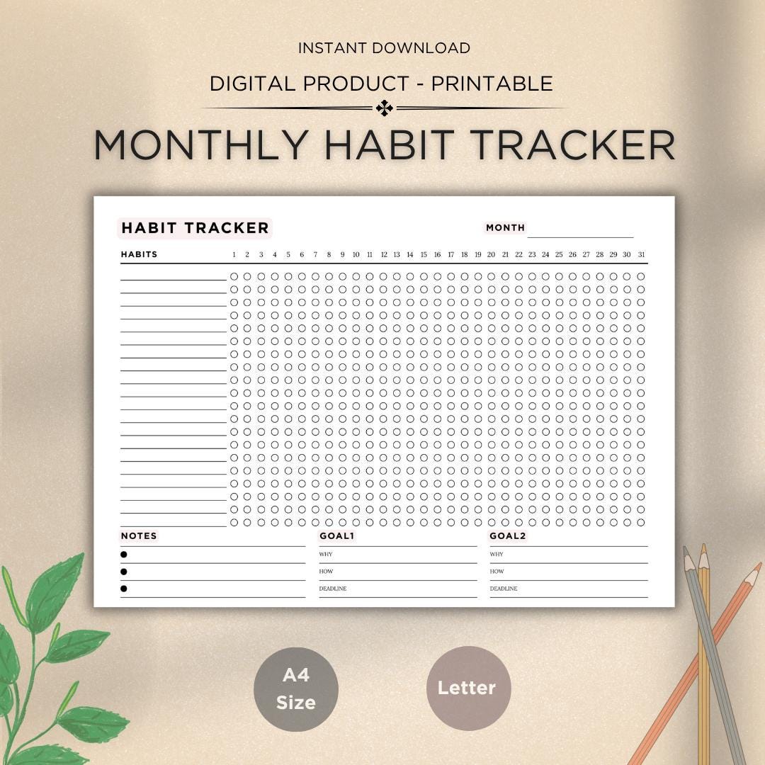 Printable Monthly Habit Tracker: A4/letter Sizes (fillable PDF, Instant ...