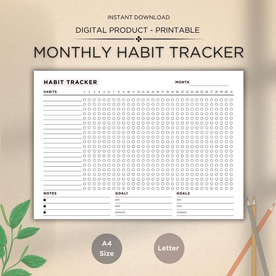 Printable Monthly Habit Tracker: A4/letter Sizes (fillable PDF, Instant ...