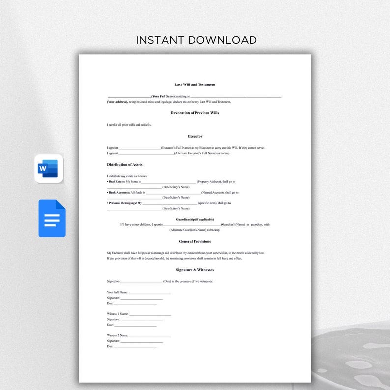 Simple Last Will and Testament Template: Editable MS Word & Google Docs ...