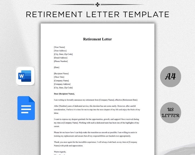 Professional Retirement Letter Template. Google Docs/microsoft Word ...