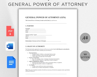Simple General Power of Attorney, One Page POA Template, Printable ...
