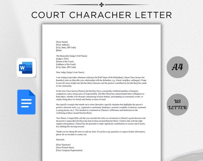 Character Reference Letter Template for Court (word & Google Docs, A4 ...