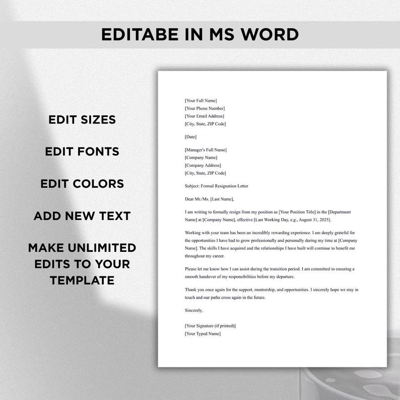 Editable Resignation Letter Template: Professional Quit Notice (instant ...