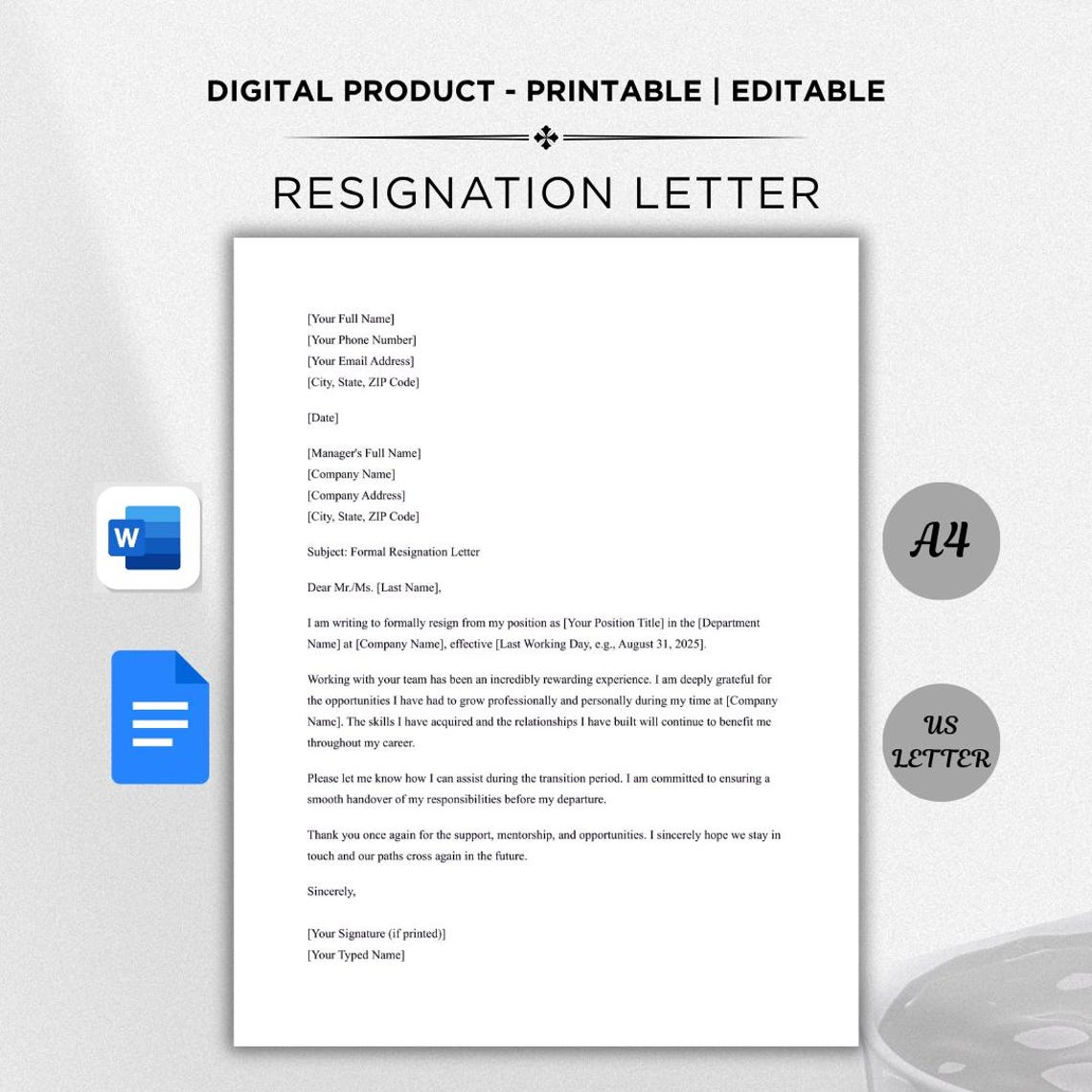 Editable Resignation Letter Template: Professional Quit Notice (instant ...