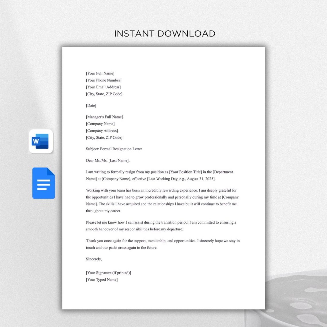 Editable Resignation Letter Template: Professional Quit Notice (instant ...