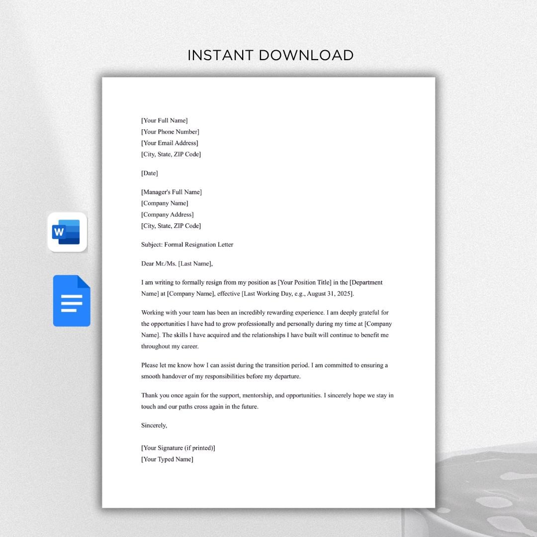 Editable Resignation Letter Template: Professional Quit Notice (instant ...