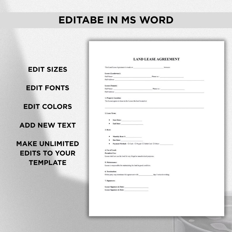 Editable Land Lease Agreement Template: Printable Rental Contract (PDF ...