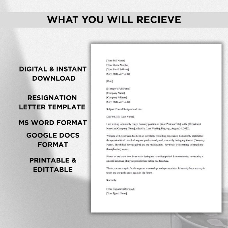 Editable Resignation Letter Template: Professional Quit Notice (instant ...