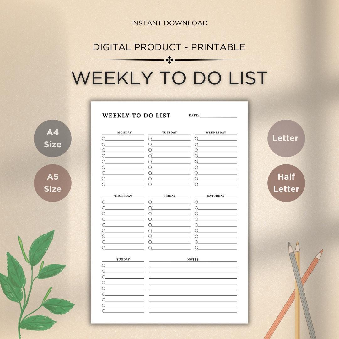 Weekly To-do List Printable: Task Planner Template (a4/a5/letter/half ...