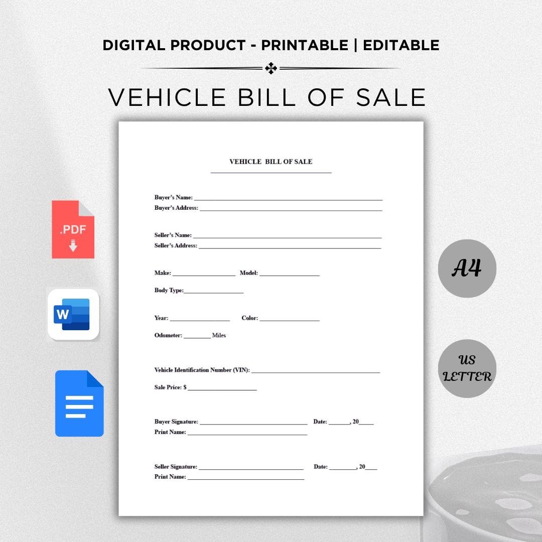 Editable Vehicle Bill of Template (PDF, Word, Google Docs A4/letter ...