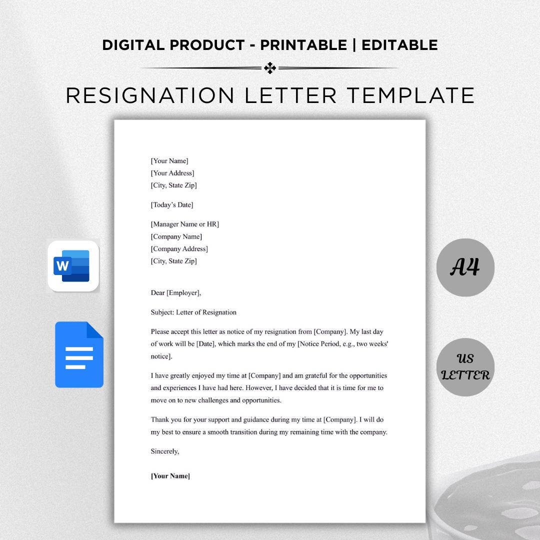 Professional Resignation Letter Template: Editable Word & Google Docs ...