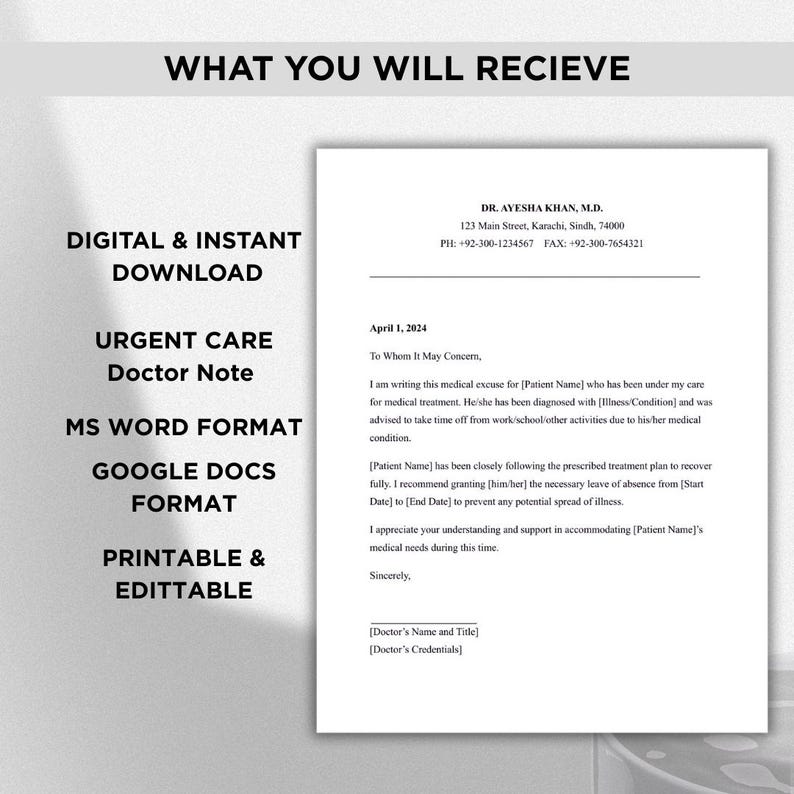 Editable Doctor's Note Template: Urgent Care Excuse Letter (MS Word ...