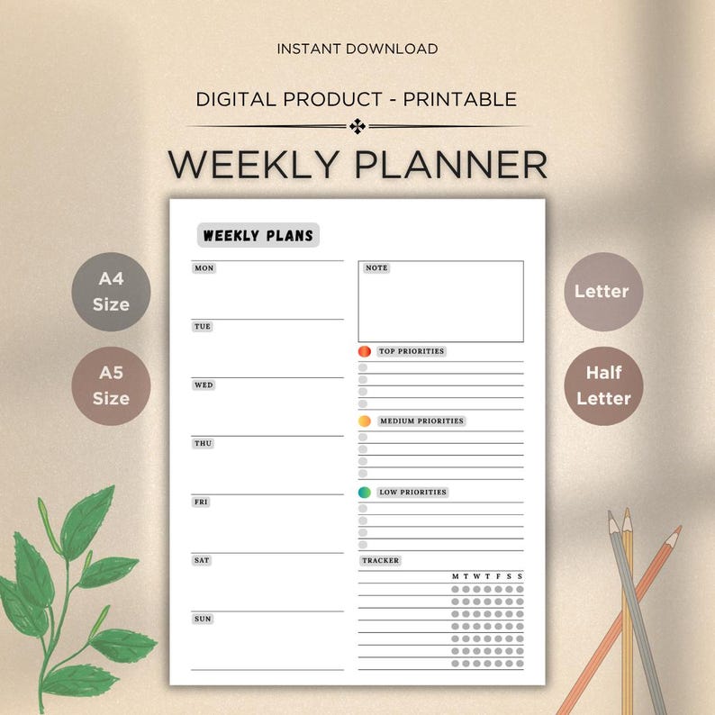Weekly Planner Printable | Printable Weekly Task List PDF, A5, Half ...