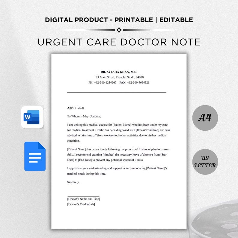 Editable Doctor's Note Template: Urgent Care Excuse Letter (MS Word ...