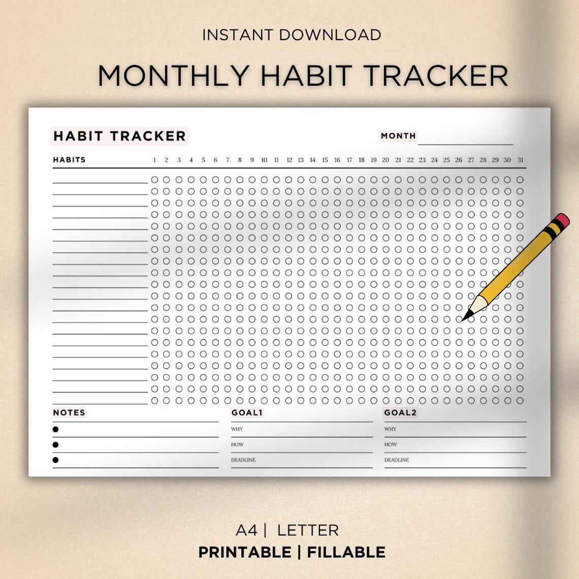 Printable Monthly Habit Tracker: A4/letter Sizes (fillable PDF, Instant ...