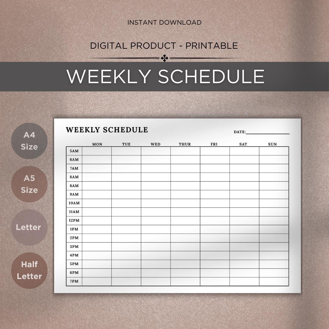 Hourly Weekly Schedule Landscape, Printable Weekly Planner, Week at a ...