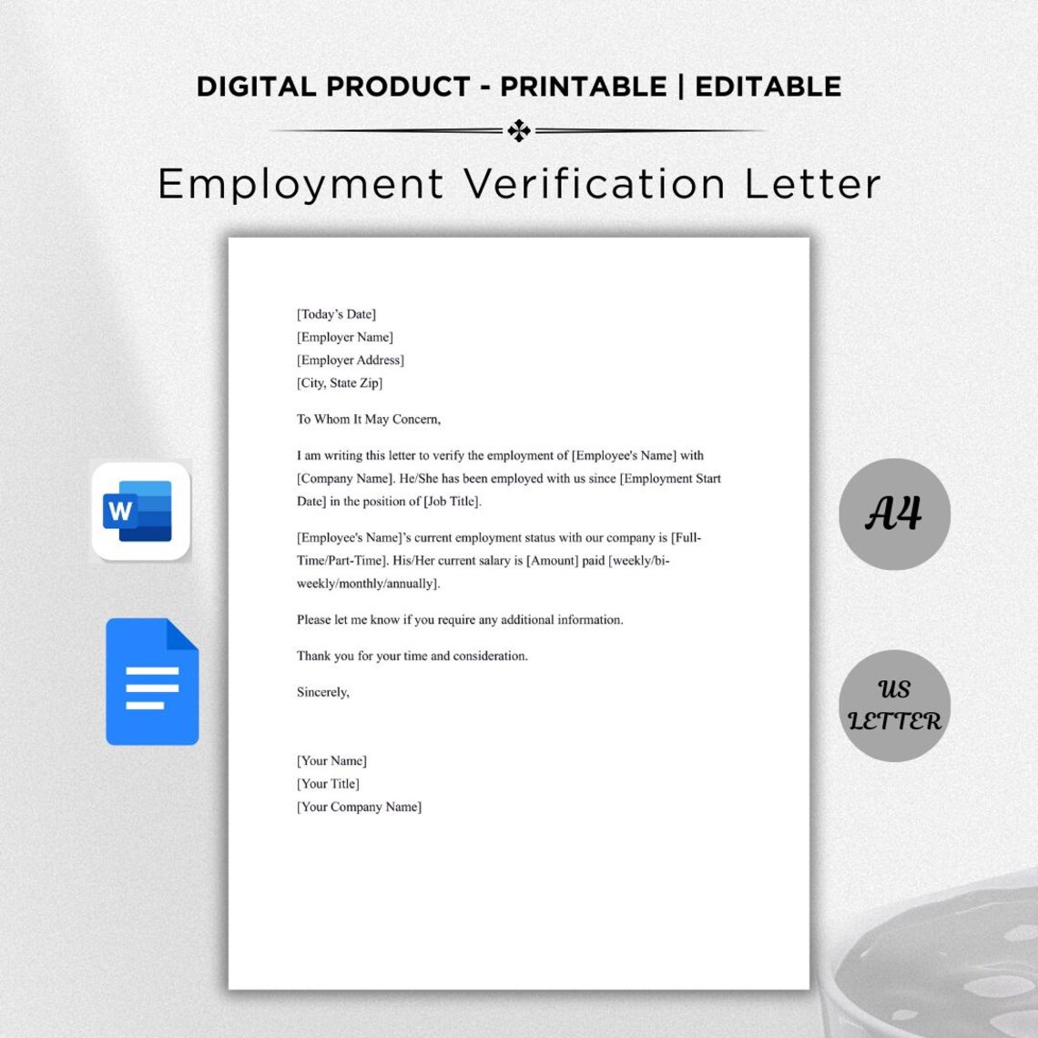 Editable Employment Verification Letter Template: Google Docs & Word ...