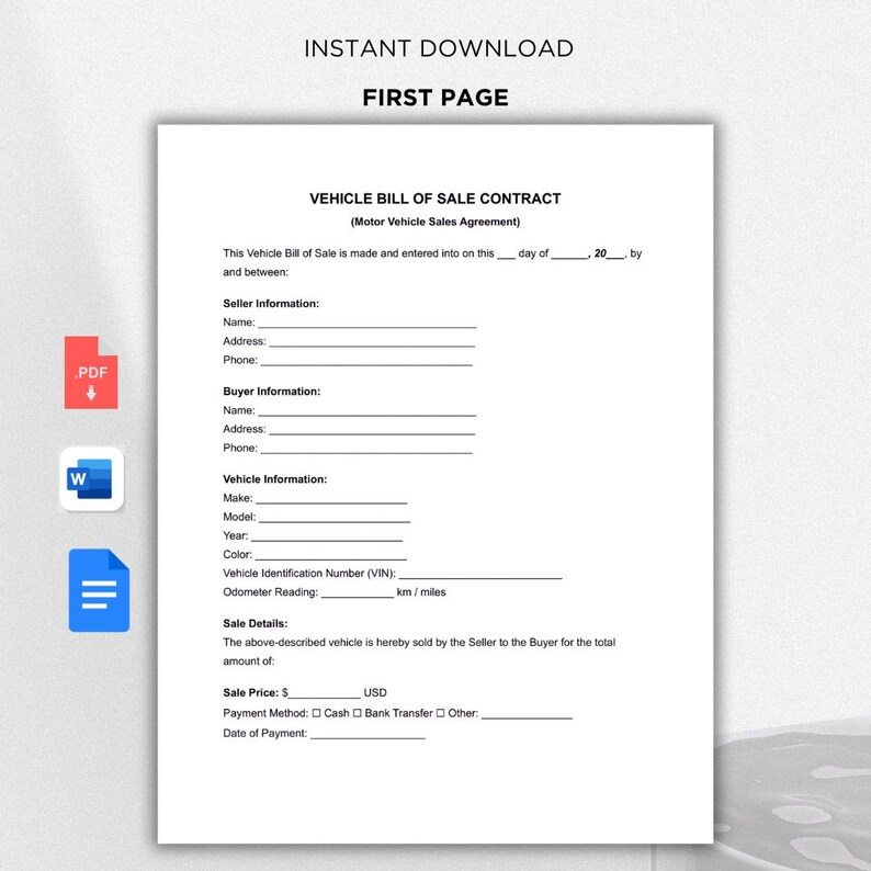 Vehicle Bill of Sale Contract Template | Editable PDF & Word | A4 US ...