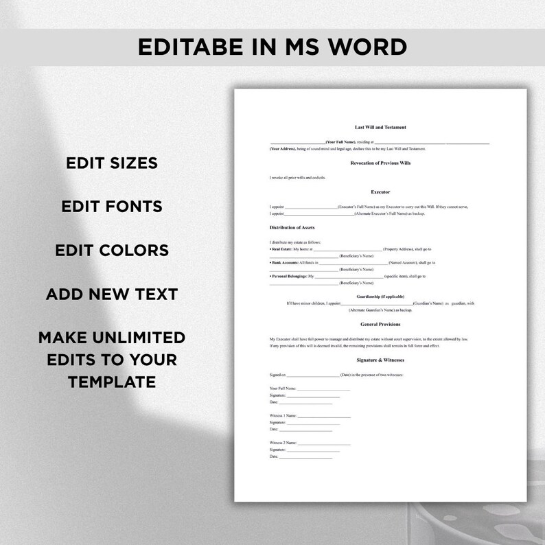 Simple Last Will and Testament Template: Editable MS Word & Google Docs ...