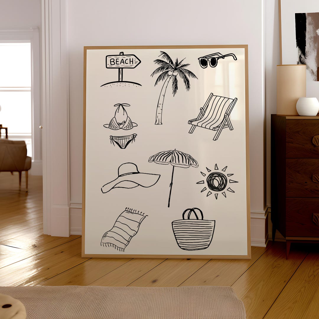 Beach Day Printable, Minimalist Summer Icons Coastal Digital Wall Decor ...