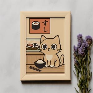 Cat Sushi Art – Kawaii Japanese Poster, Food Wall Art, Cute Cat Eating ...