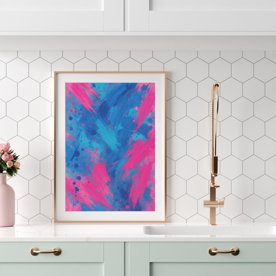 Blue Pink Abstract Printable Art, Bold Color Splash Tachisme Wall Decor ...