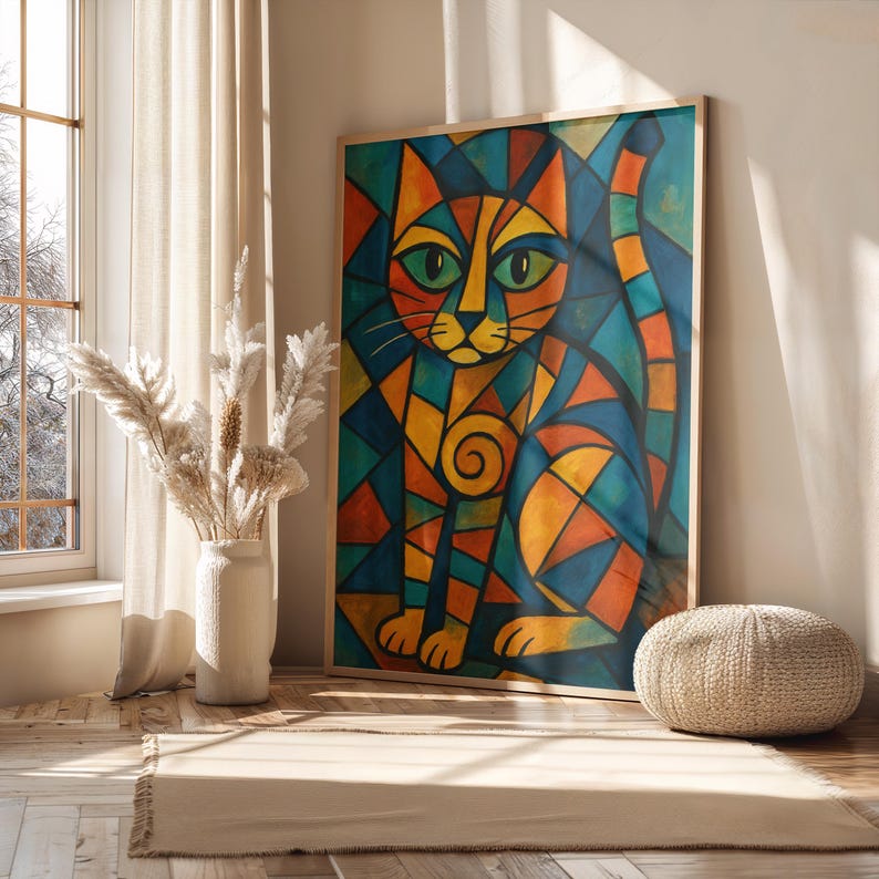 Colourful Cubist Cat Art Print – Picasso Style Abstract Painting for ...