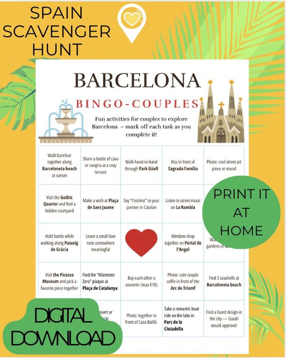 Barcelona Couples Travel Bingo | Printable Vacation Game | Romantic ...