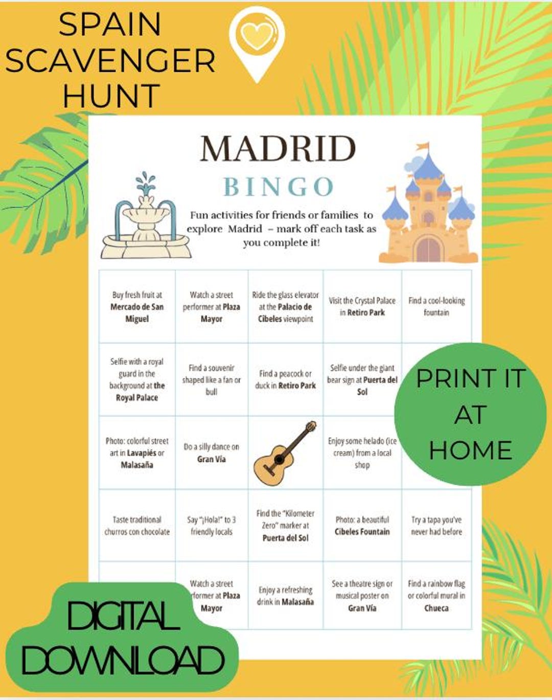 Madrid Friends & Family Travel Bingo | Printable Vacation Game | Spain ...