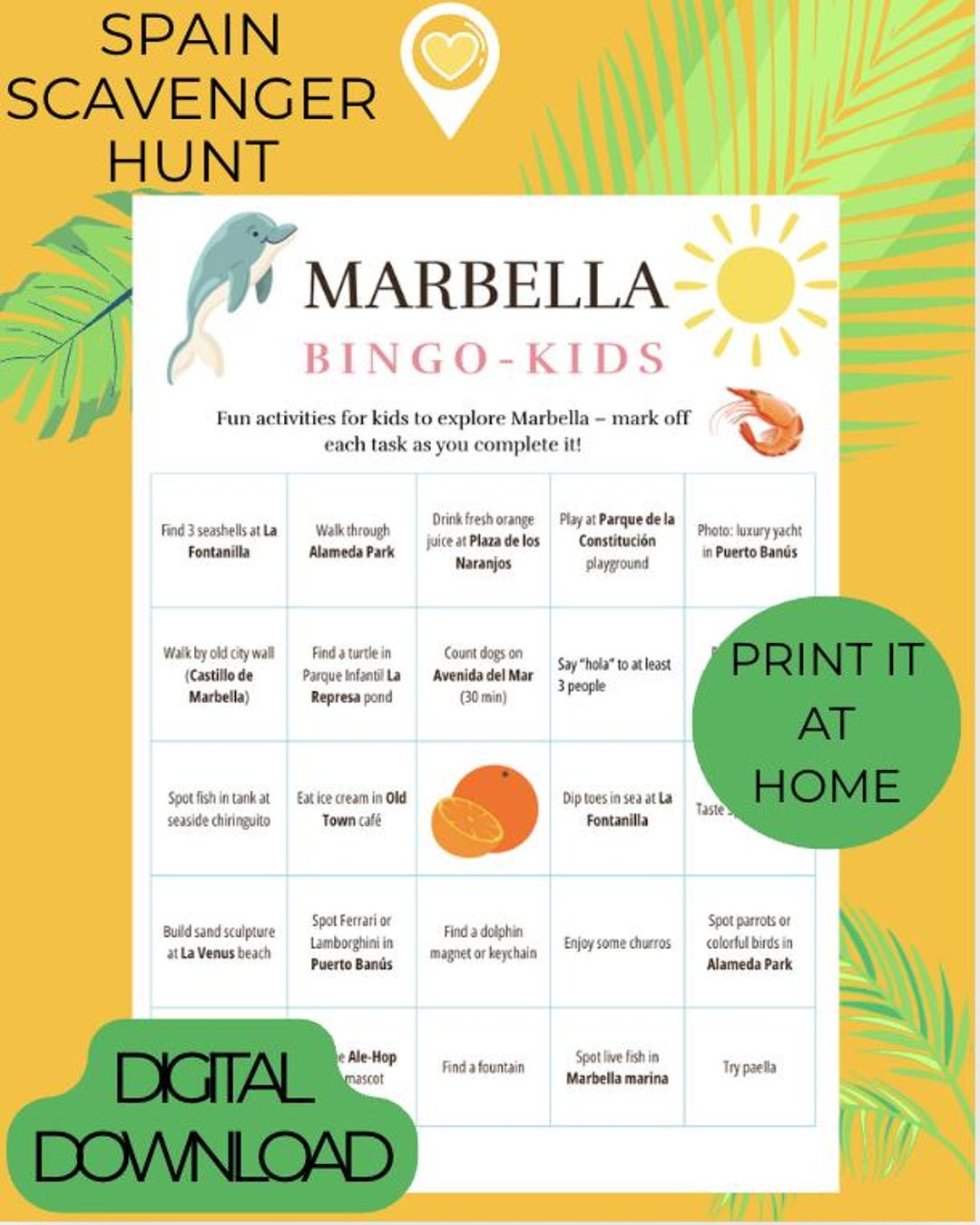 Marbella Kids Travel Bingo | Printable Family Vacation Game | Spain ...