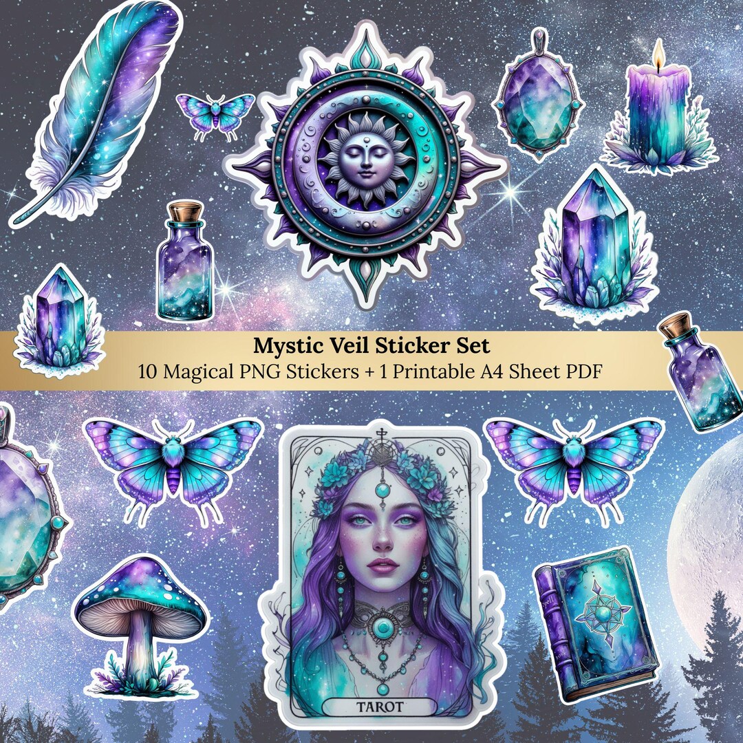 Mystical Digital Sticker Set – 10 PNG Stickers + A4 Printable Sheet ...