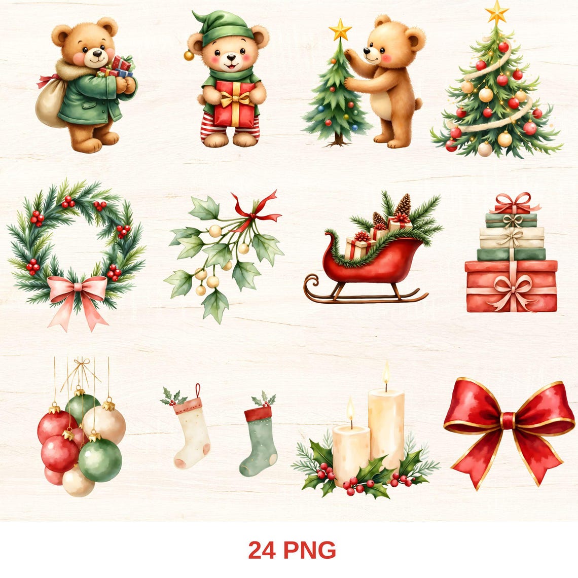 Christmas Teddy Bear Clipart Set: Watercolor Holiday Bears (digital ...