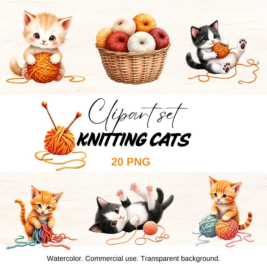 Watercolor Knitting Cats Clipart Set (PNG Files) - Etsy