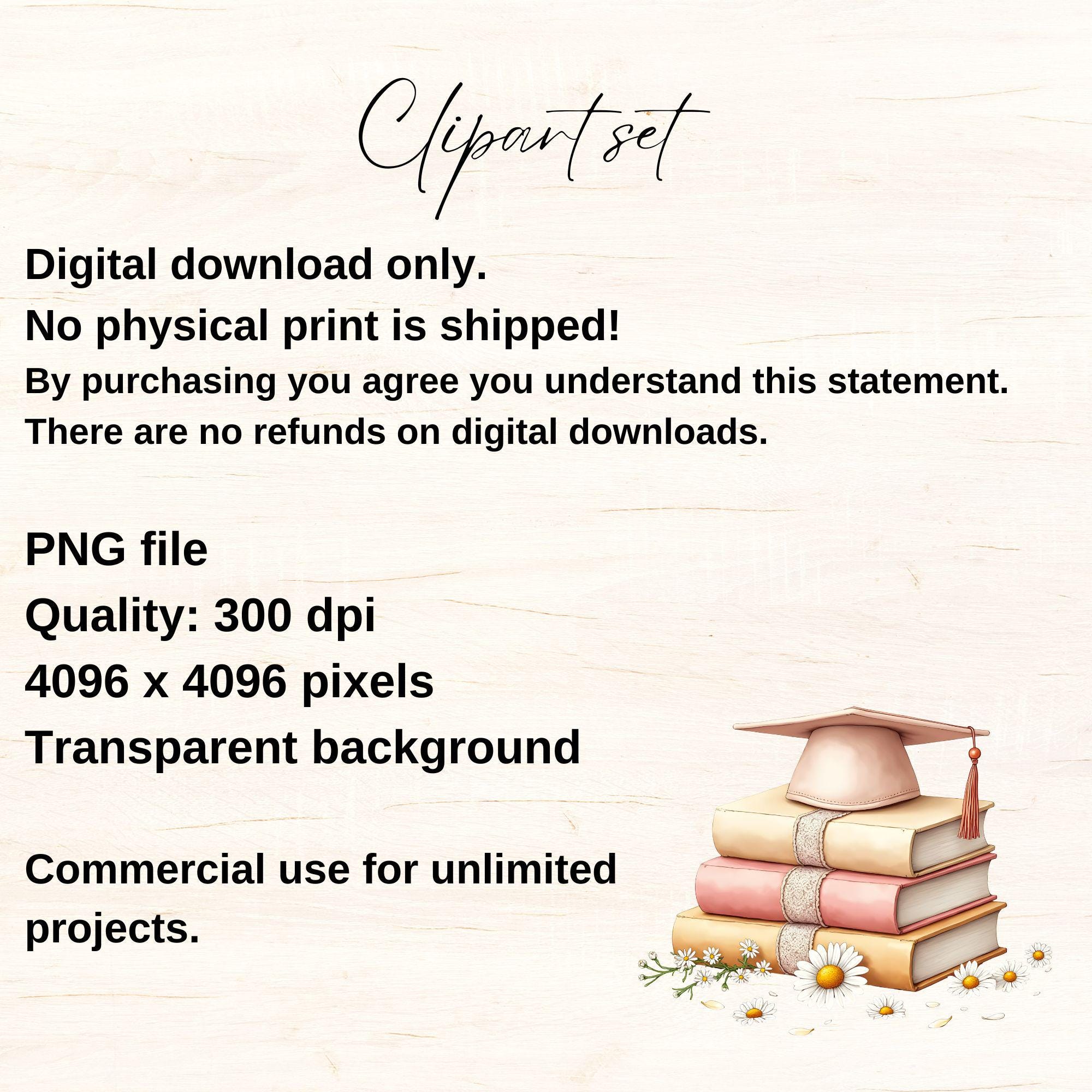 Watercolor Graduation Clipart: Floral Wreath, Cap & Books (PNG Digital ...