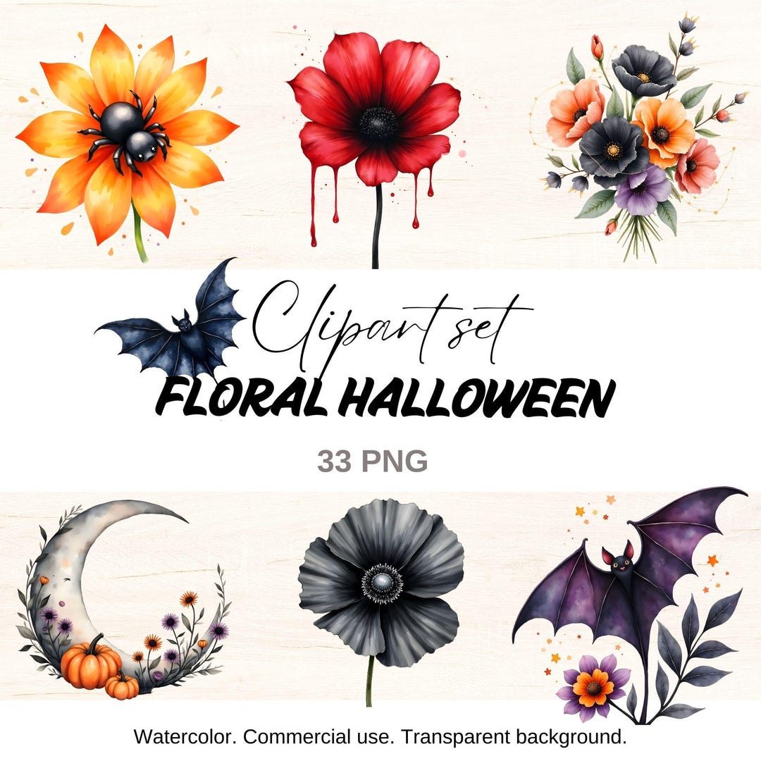Floral Halloween Clipart Set, Spooky Witchy Flowers (PNG) - Etsy