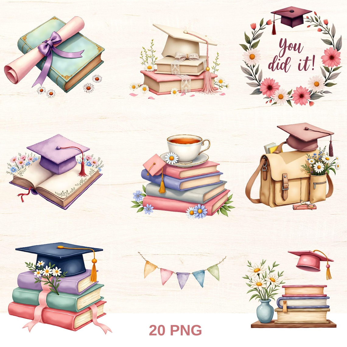 Watercolor Graduation Clipart: Floral Wreath, Cap & Books (PNG Digital ...