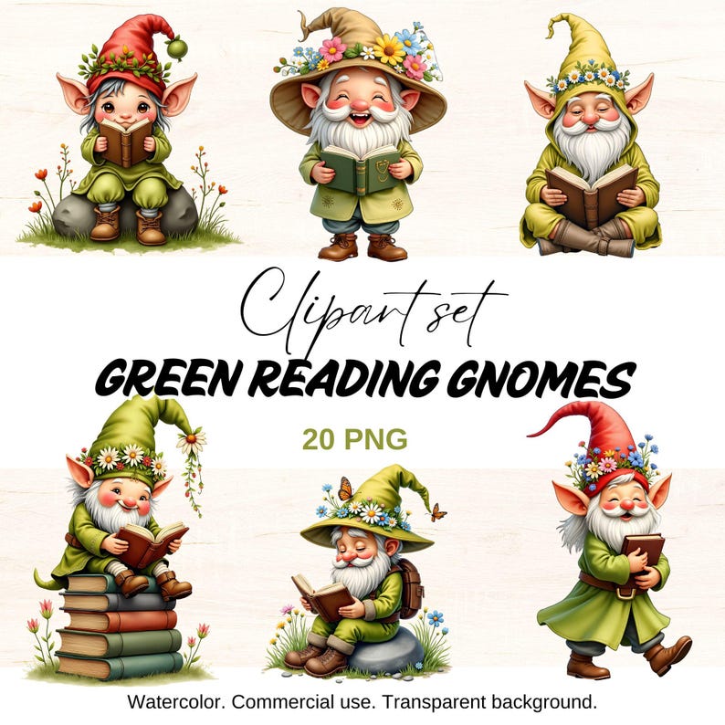 Reading Gnomes Clipart, Gnome With Book, Green Gnome PNG Set ...