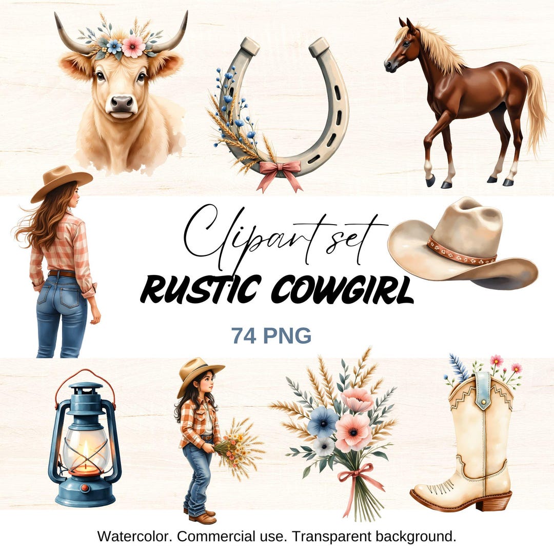 Rustic Cowgirl Clipart Set, Western Country Girl PNG, Cowgirl Boots ...