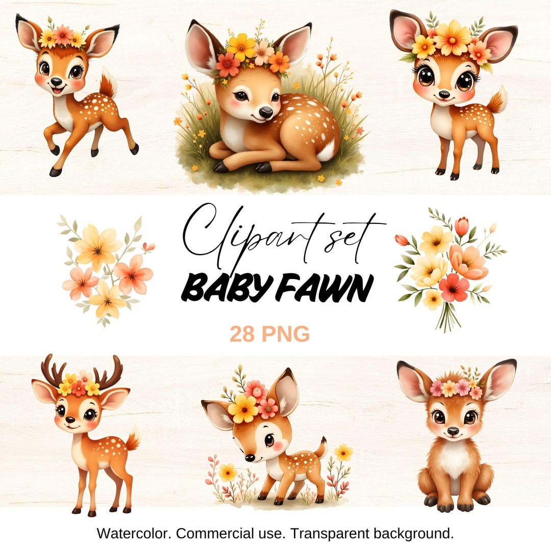 Baby Fawn Clipart Set, Cute Forest Deer With Flowers, Forest Nursery ...