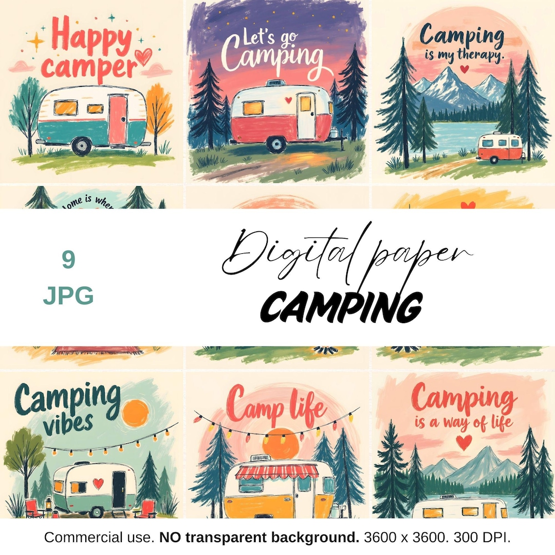 Watercolor Camping Digital Paper Pack, Retro Camper Backgrounds ...