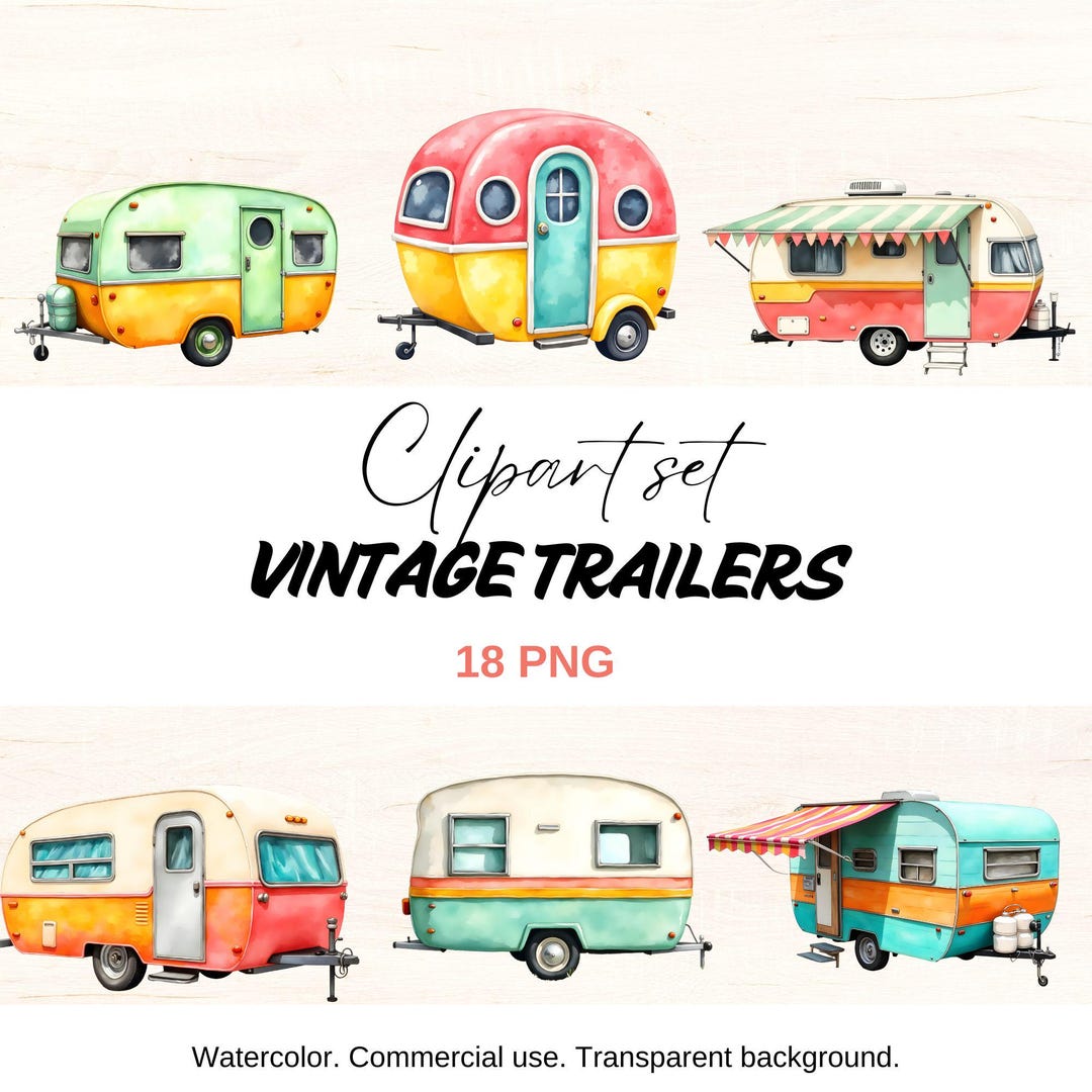 Watercolor Vintage Trailer Clipart Set: Retro Camper Graphics (PNG ...