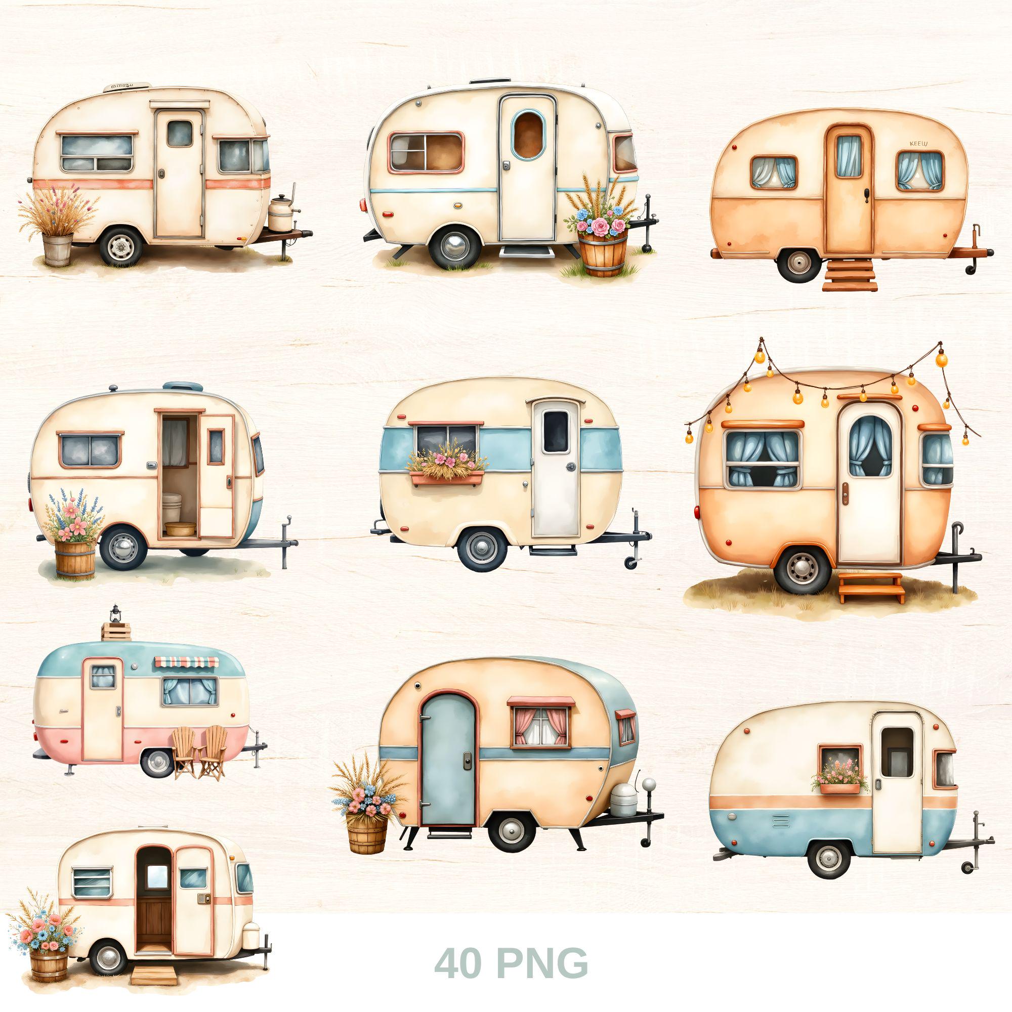 Watercolor Camping Trailer Clipart Set: Retro Camper Graphics (PNG ...