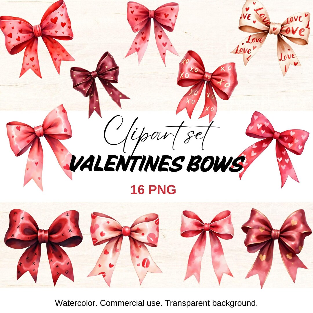 Valentines Bows Clipart Set, Watercolor Pink Red Ribbon Bows, Love ...