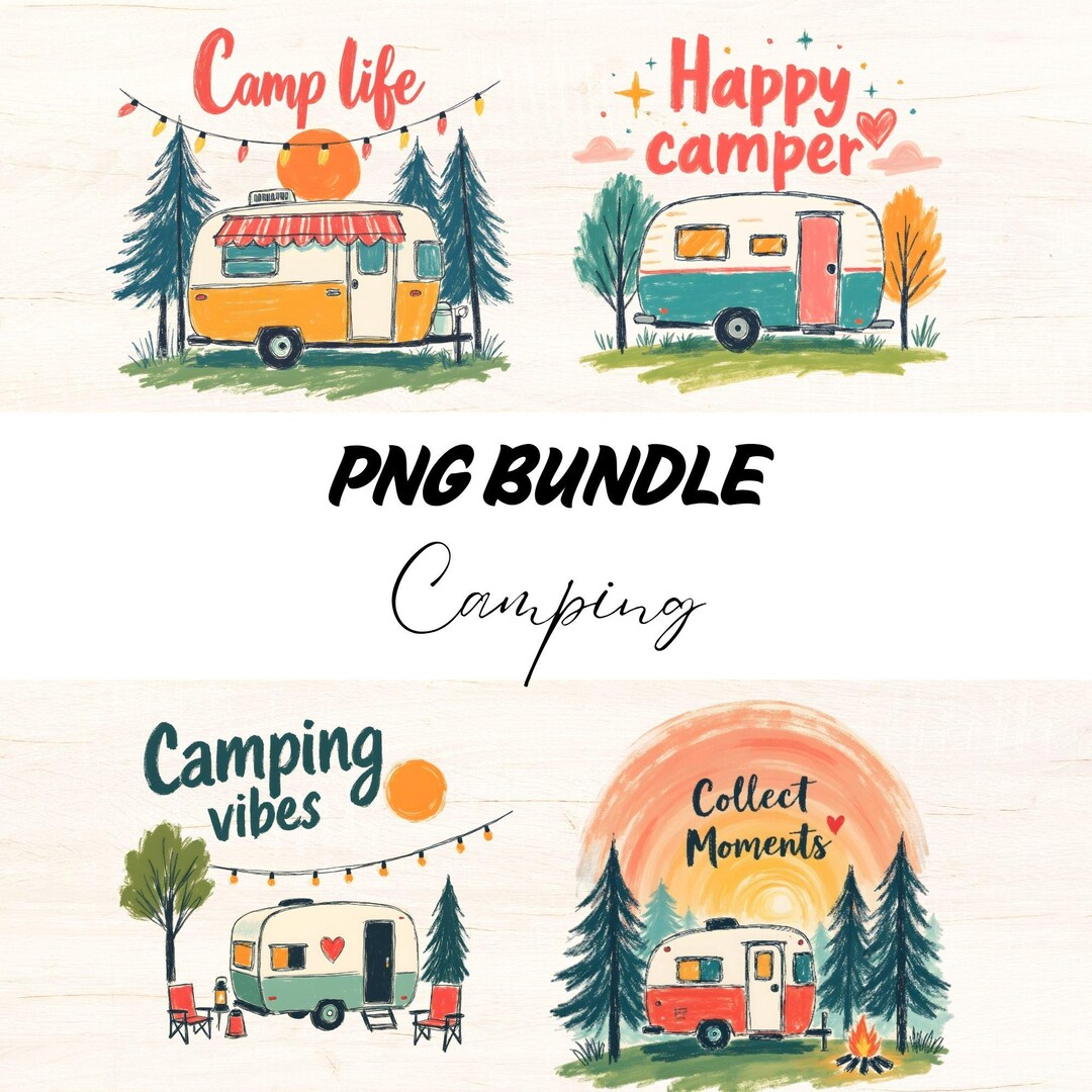 Camping PNG Bundle, Camp Life Clipart Set, Happy Camper, Outdoor Retro ...
