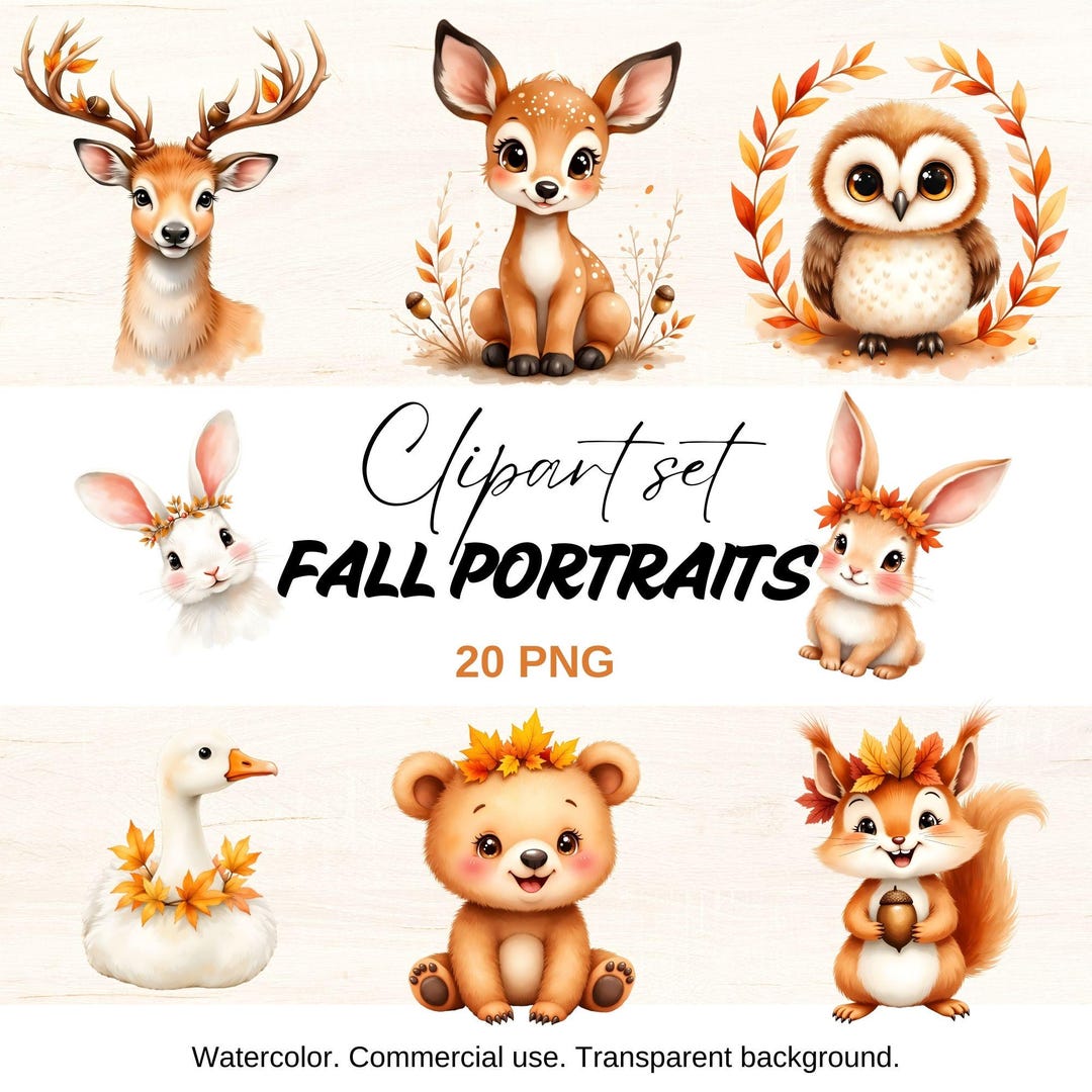 Autumn Woodland Animals Clipart: Watercolor Fall Portraits (digital ...