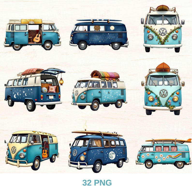 Blue Hippie Van Clipart, Boho Van PNG Set, Retro Peace Camper Clip Art ...