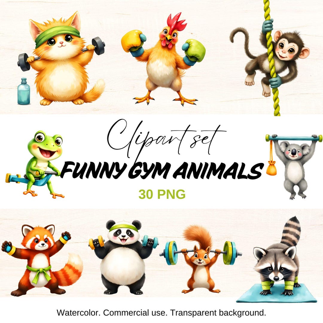 Funny Gym Animals Clipart PNG, Workout Animals, Fitness (digital ...