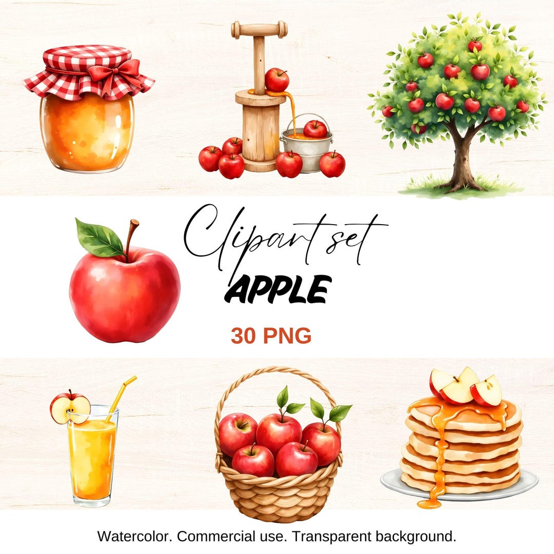 Apple Clipart Set, Watercolor Fruit PNG, Apple Tree Clipart, Apple ...